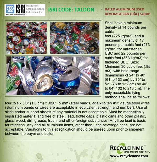 ISRI CODE: TALDON - BALED ALUMINUM USED BEVERAGE CAN (UBC) SCRAP