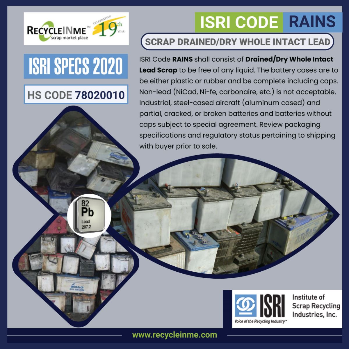 ISRI SPECS 2020 – RAINS - SCRAP DRAINED/DRY WHOLE INTACT LEAD